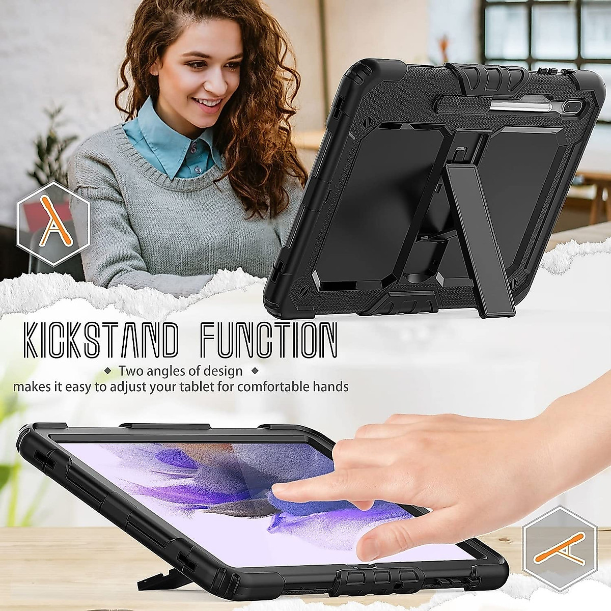 SaharaCase - Defense Series Case Cover for Samsung Galaxy Tab S7 FE (2021) and Tab S8 Plus (2022) [Shockproof Bumper] Rugged Full Screen Protection Integrated Kickstand Antislip Cover - Black