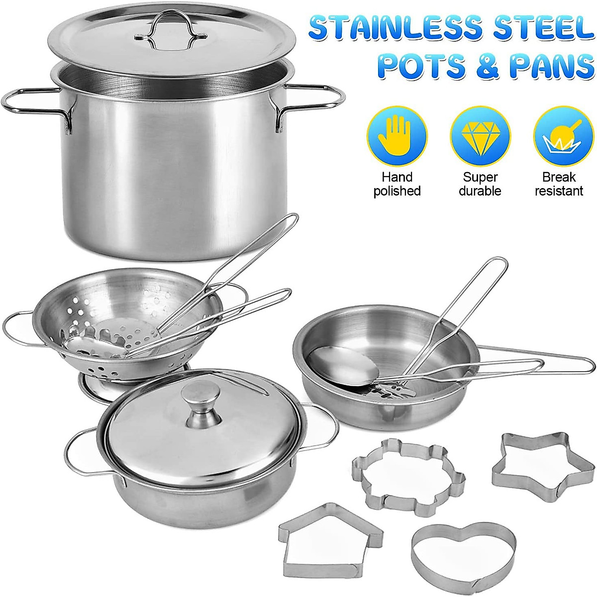 COSILY Kitchen Pretend Play Toys, Kids Cooking and Baking Set with Stainless Steel Cookware Pots and Pans Set, Cooking Utensils, Apron & Chef Hat, Cupcake Moulds, Cutting Vegetables for Boys and Girls