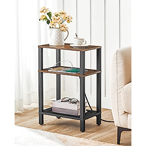 HOOBRO Side Table with Charging Station, End Table with USB Ports and Outlets, 3-Tier Storage Shelves Nightstand, Sofa Table for Small Space in Bedroom, Living Room, Rustic Brown and Black BF106UBZ01