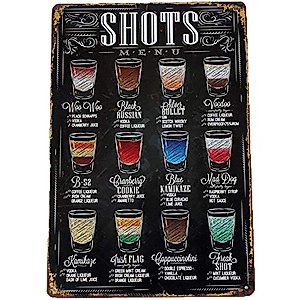 Cocktail Shots Menu Retro Vintage Bar Metal Tin Sign Poster Style Wall Art Pub Bar Decor 20 X 30 cm