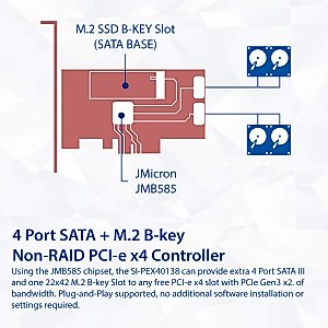 IO Crest SI-PEX40138 Internal 4 Port Non-Raid SATA III 6GB/S with M.2 B-Key 22x42 Pci-E X4 Controller Card for Desktop PC Support SSD and HDD with Low Profile Bracket. JMB585 Chipset