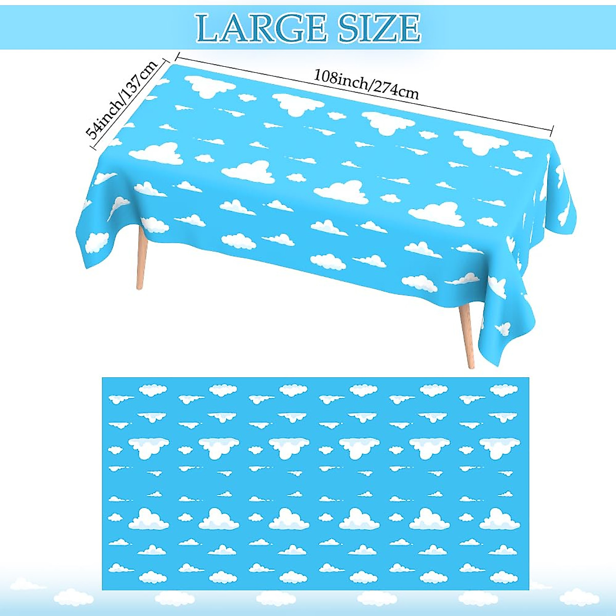 2Pcs Blue Sky and White Clouds Tablecloth Birthday Party Supplies, 54x108 Inch Cartoon Story Tablecloth, Cartoon Tablecovers Party Table Cover for Baby Boy Girl Kids Shower Birthday Party Decorations