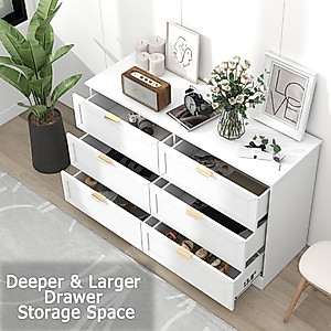 UYIHOME 6 Drawer Dresser for Bedroom, Modern Long Dresser Chest with Large Drawer, Wooden Chest of Dresser Storage Cabinet Organizer Unit for Living Room, Cloakroom, Entryway, Hallyway, White