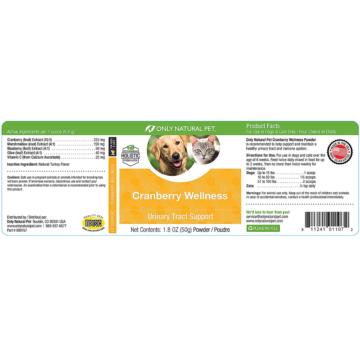 Only Natural Pet Cranberry Wellness Antioxidant Powder for Dogs and Cats - Nutritional Berry Powder Supplement for Urinary Tract Health with Vitamin C - 110 Servings