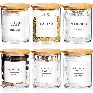 Yaomiao 6 Cotton Pad Holder Bathroom Container, 10 oz Cotton Ball Swabs Dispenser, Clear Plastic Apothecary Jar Organizer with Bamboo Lids for Storage Floss Pick Makeup(Wood Color)