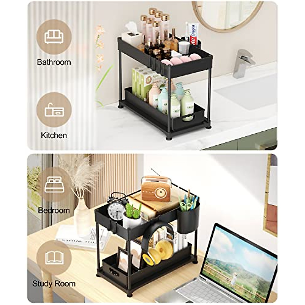 MERRYBOX 2 Pack Under Sink Organizers and Storage, Sliding Under Bathroom Cabinet Organizer, 2 Tier Kitchen Under Sink Organizer Pull Out Drawer with 8 Hooks, 2 Hanging Cups, 8 Non-Slip Feet, Black