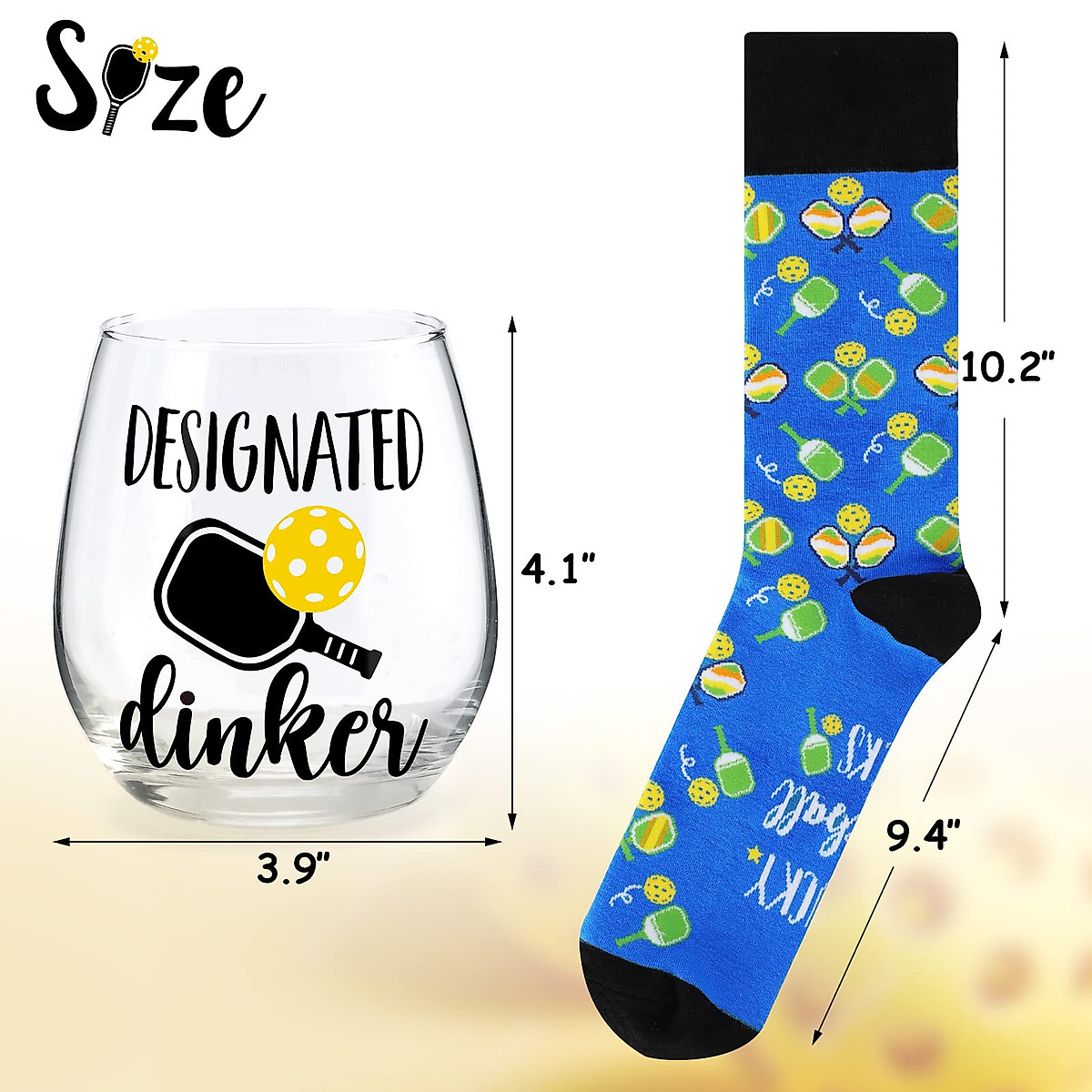 Nefelibata Father's Day Gfit Set Idea Man Pickleball Crew Socks,Stemless Wine Glass 17oz, Funny Pickleball Gifts for Coach, Dad, Birthday, Retirement