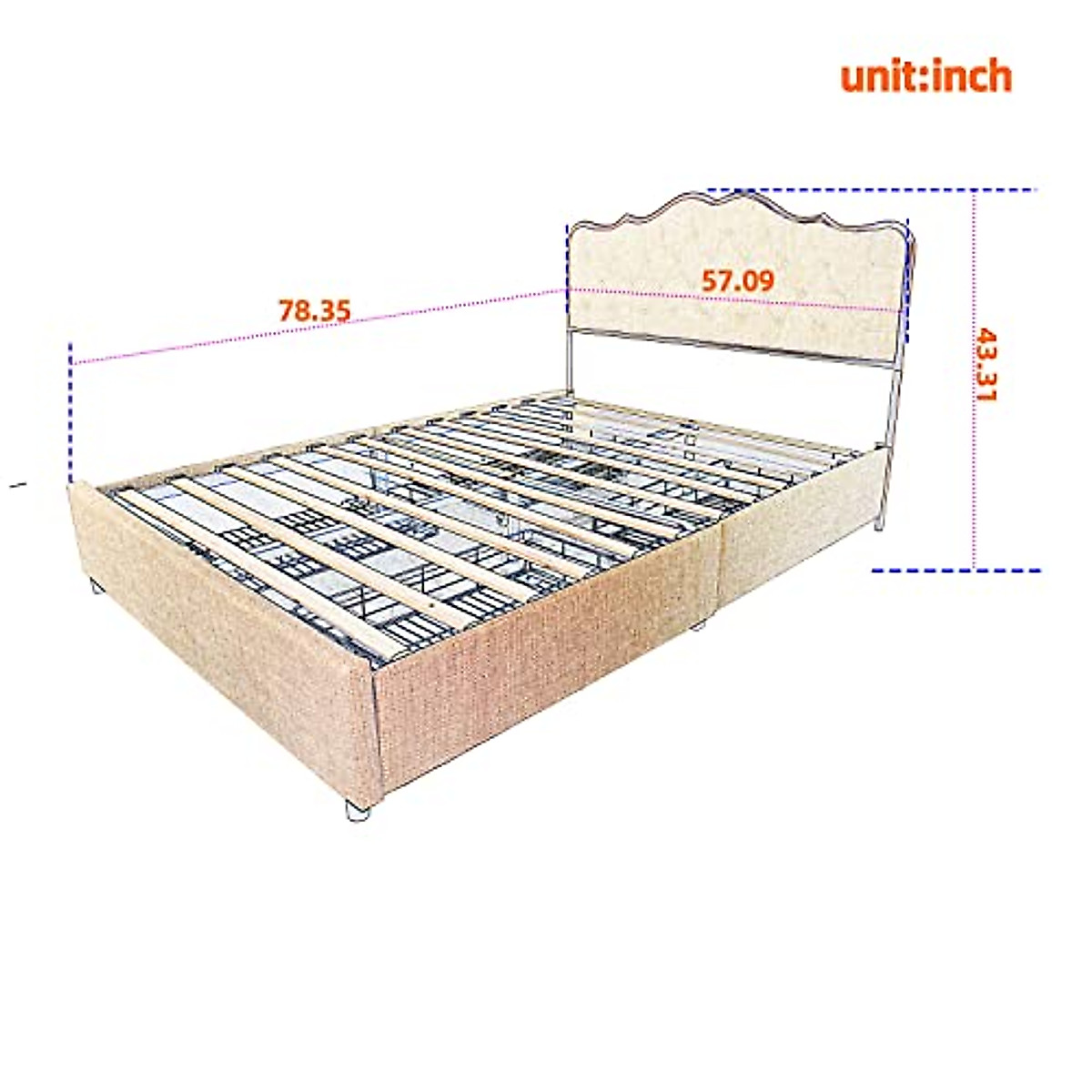 Queen Size Metal Platform Bed Frame, with Upholstered Headboard, 4 Storage Drawers, Heavy Duty Mattress Foundation w/Wood Slat Support, No Box Spring, Coffee