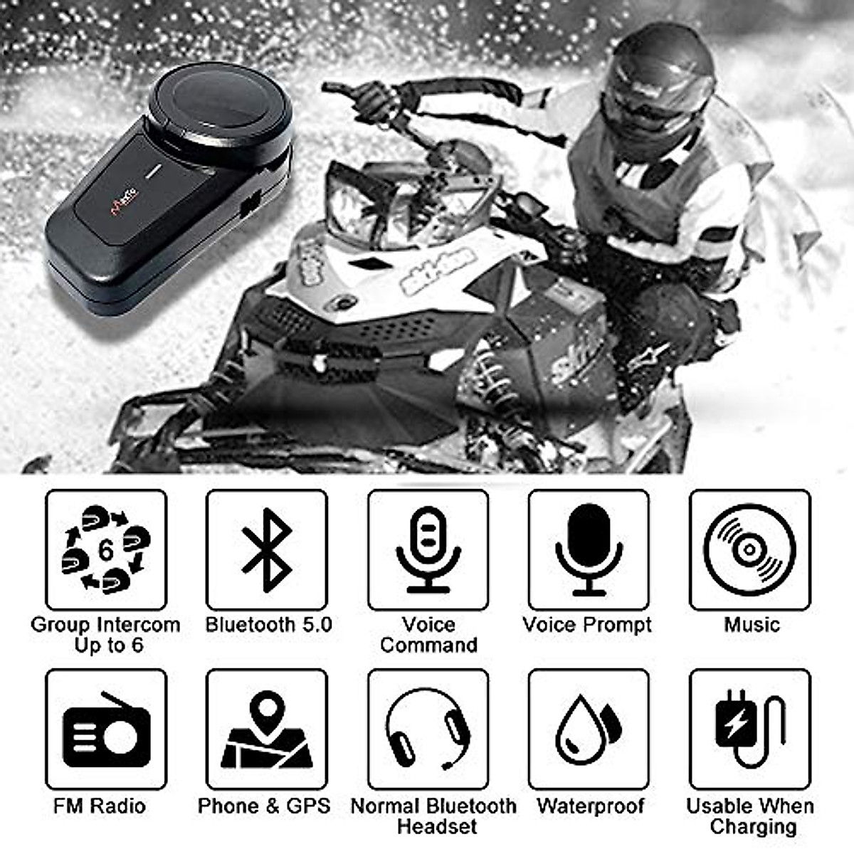 QSPORTPEAK Motorcycle Helmet Bluetooth Intercom Headset Communication Systems Kit, M2 Full Duplex 6 Riders Group Helmet Intercom/FM Radio/Voice Prompt/MP3/GPS Connective/Range 1000m/IP67 Waterproof