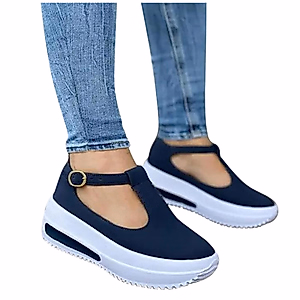 Aniywn Womens Platform Shoes Closed Toe Wedge Sandals Summer Casual Non-Slip Ankle T-Strap Comfort Shoes Walking Loafers Blue