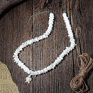 Puka Shell Coconut Bead Sea Turtle Pendant Necklace Bohemian Pookah Seashell Chip Necklace for Men Women Boy Girl Teen Adjustable Boho Surfer Hawaiian Heishi Clam Vsco Summer Beach Jewelry-C white-1