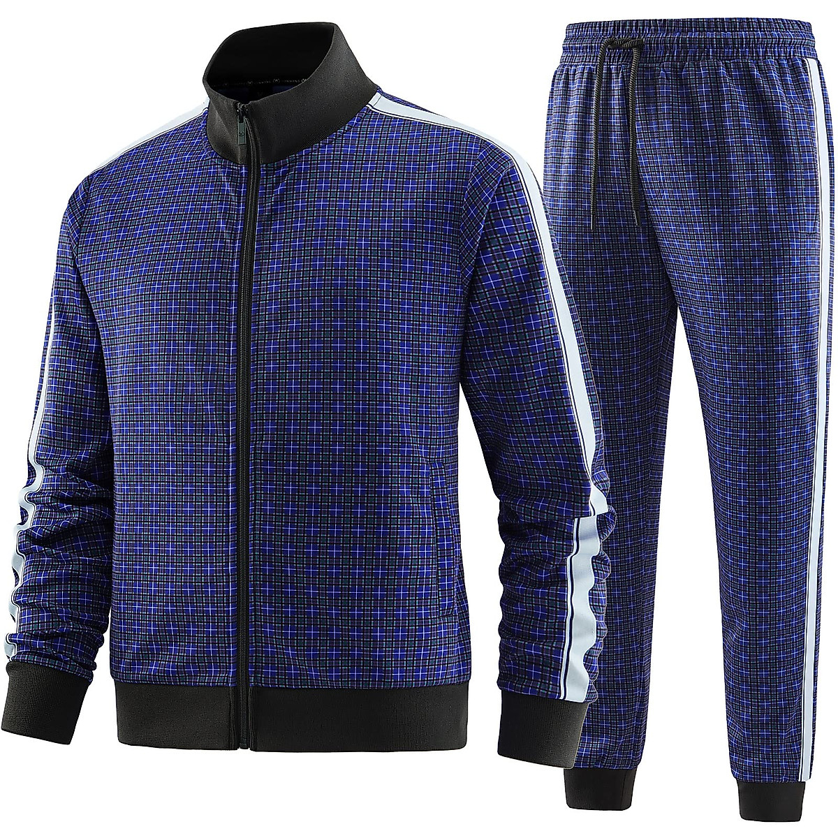W JIANWANG Track Suits for Men Set Jogging Tracksuit Mens Sweatsuits 2 Piece Fashion Designer Plaid Jogger Sweat Suits Sports Clothes Jackets and Pants Two-piece Outfits Blue JW-2401-S