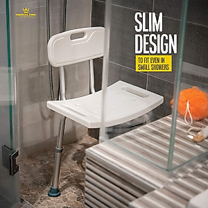 Shower Chair Set of 3 - Includes Back Scrubber & Additional Sponge - Anti Slip for Safety, with 8 Adjustable Heights Portable - Tool Free Shower Chair for Elderly - Bath Chair for Elderly