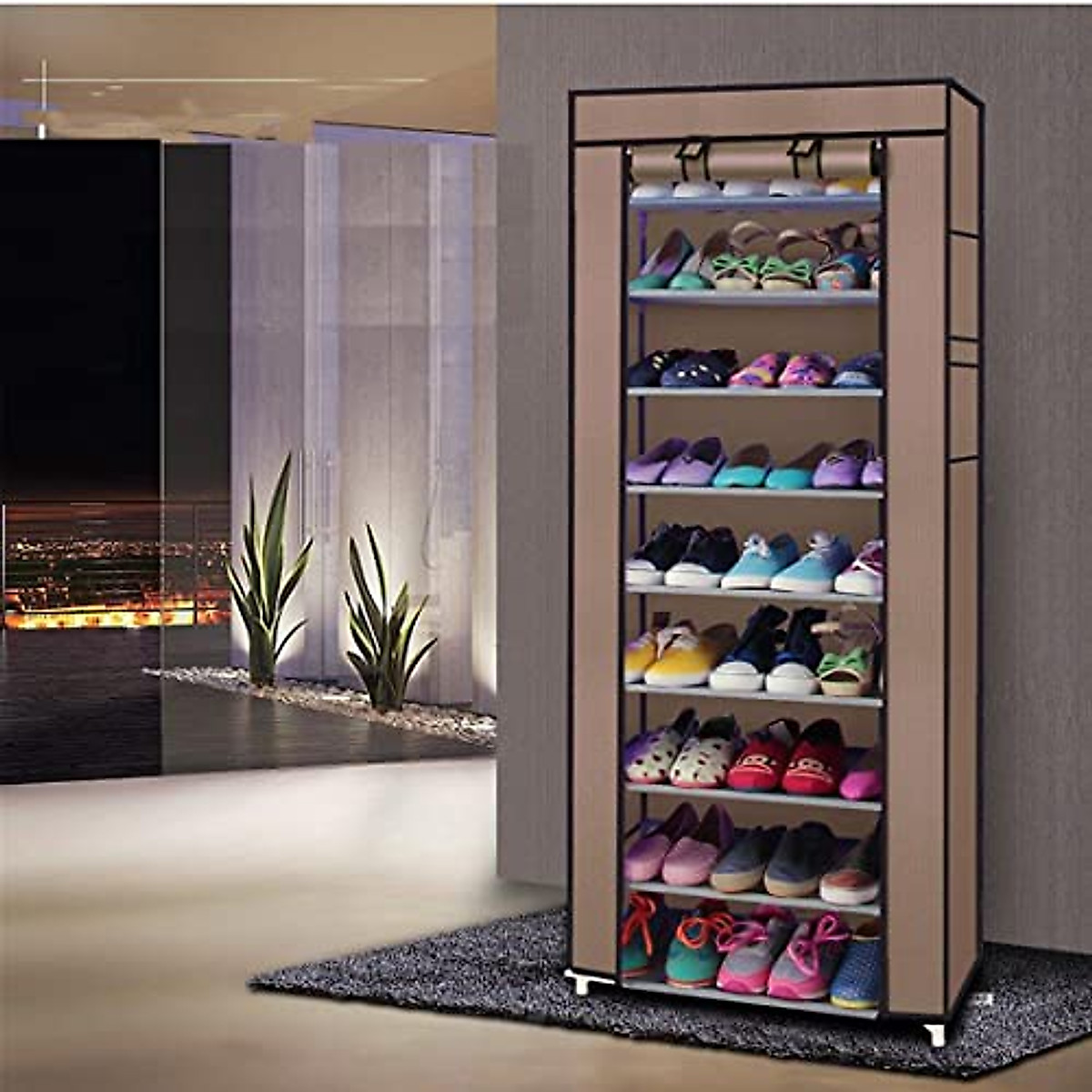 ADUZA 10-Tier Shoe Rack, 27 Pairs Stackable Entryway Shoe Storage Organizer, Free Standing Non-Woven Fabric Expandable Shoe Shelf for Hallway, Closet, Living Room Brown