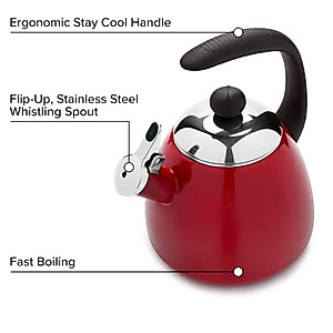 Farberware Bella Water Kettle, Whistling Tea Pot, Works For All Stovetops, Porcelain Enamel on Carbon Steel, BPA-Free, Rust-Proof, Stay Cool Handle, 2.5qt (10 Cups) Capacity (Garnet)