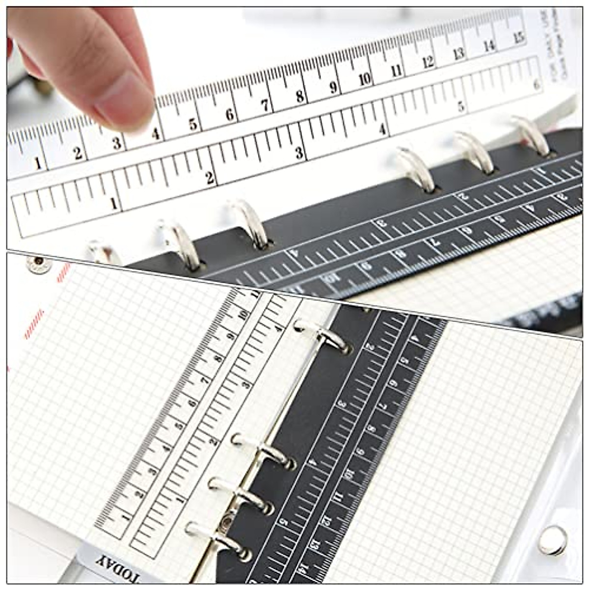 TOYANDONA Clear Binder 18Pcs Plastic Page Marker Snap- in Bookmark Binder Ruler for A5 A6 A7 Size 6- Hole Notebook Filler Planner Accessory Black Clear Multi- Function Planner Bookmark
