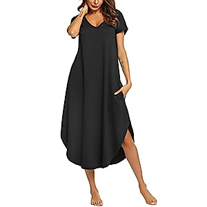 Ekouaer Plus Size Night Gowns for Women V Neck Sleepwear Cotton Knit Loungers Comfort Nightgown with Pockets (Black,XX-Large)