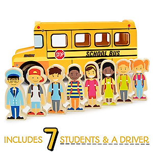 Imagination Generation Back to School Bus Wooden Vehicle Play Set with 8 Character Figures, 7 Students, 1 Bus Driver