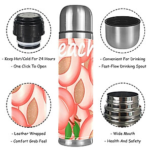 Stainless Steel Leather Vacuum Insulated Mug Peach Thermos Water Bottle for Hot and Cold Drinks Kids Adults 16 Oz