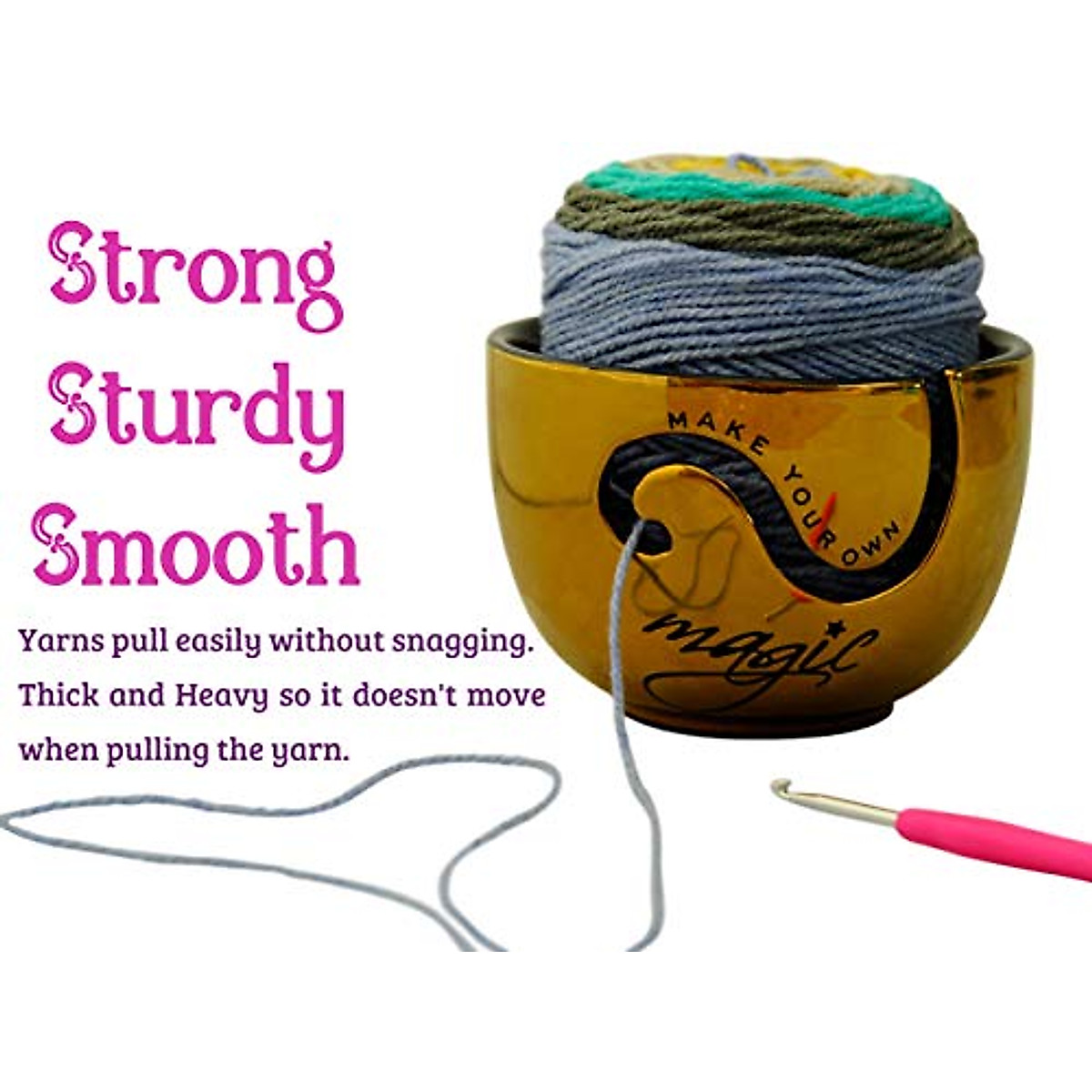 Ceramic Yarn Bowl for Crochet and Knitting Accessories - Best Yarn Holder - Fits Extra Large Yarn Ball or 4 to 5 Small Balls - for Knitters and Crocheters 6.5’’ x 4.5" (Gold/Black)