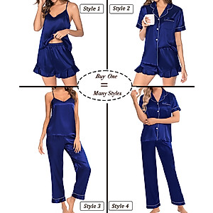 SWOMOG Womens 4 Piece Pajamas Silk Button Down Tops Satin Cami Tank Top Ruffle Shorts Lounge Sets Summer Pjs Soft Sleepwear