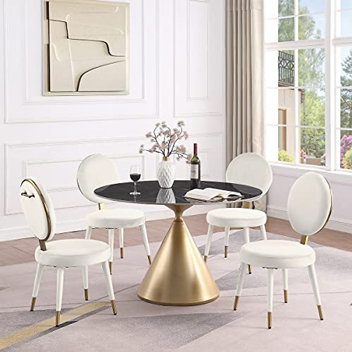 Morden Fort Round Dining Table Modern Luxury Table with Gold Metal Bottom for Dining Room, Home Kitchen, Restaurant – Black