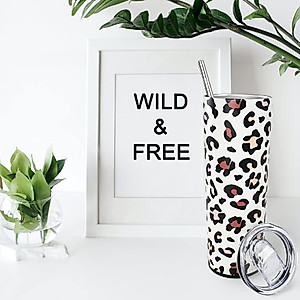Cheetah Print Tumbler With Lid and Straw- 20 oz Stainless Steel Vacuum Insulated Leopard Skinny Tumblers Cups - Coffee Travel Mug Cup- Birthday Christmas Gifts for Mom, Women, Sister, Friends