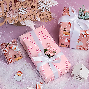 LeZakaa Reversible Christmas Wrapping Paper - Jumbo Roll - Santa Claus & Candy Cane with Metallic Foil in Pink - 24 inches x 100 Feet (200 sq.ft.)