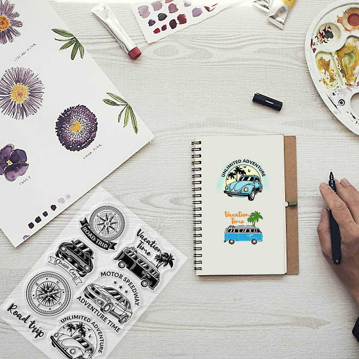 GLOBLELAND 4Pcs World Travel Ship Compass Clear Stamps Car Ship Journey World Travel Clock Cruise Ship Transparent Silicone Rubber Stamps for DIY Scrapbooking Supplies Embossing Paper Card Album