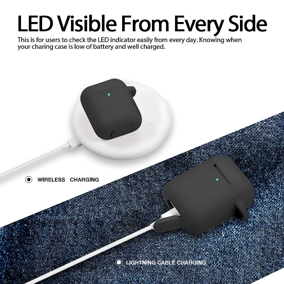 Hamile Cover Compatible with AirPods Case, Soft Silicone Protective Covers Skin (Front LED Visible) Designed for Airpod 2/ AirPod 1 Cases with Keychain Accessories, Women Girls Men Boys,Black