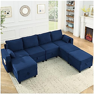 TOQIJUN Modular Sectional Sofa with Ottomans Velvet,U Shaped Sleeper Sofa with Storage, Sofa Covers Removable, 7 Seat Couch with Ottoman for Living Room,Navy Blue