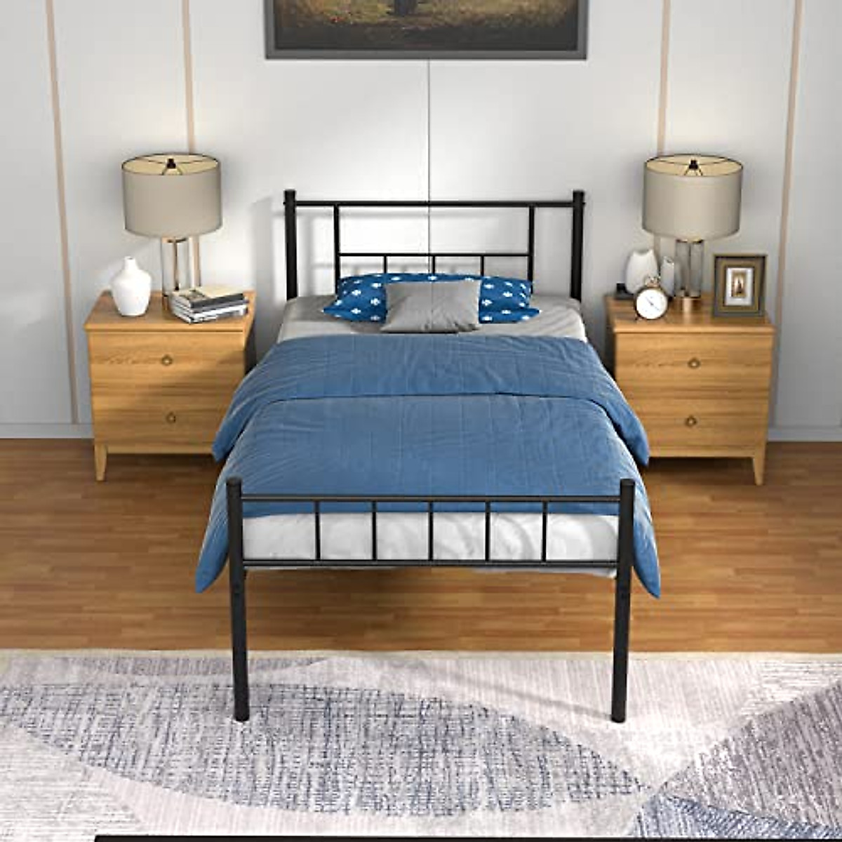 Metal Platform Bed Frame Twin Mattress Foundation Heavy-Duty Steel Slat Noise-Free Support with Headboard & Foot Board NO Boxing Spring Needed Under-Bed Storage Easy Assembly, Twin