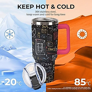 40 Oz Vacuum Tumbler with Light Rose Red Handle Leakproof Insulated Tumbler Mathematics And Physics Stainless Steel Travel Mug with Lid And Straw Coffee Cup Cute Water Bottles Cup Holder Friendly