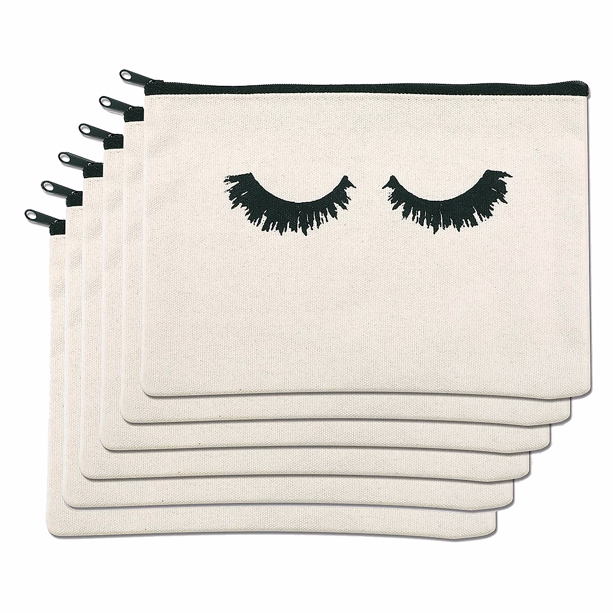 PHOGARY 6PCS Canvas Makeup Pouch, Cosmetic Bag Bulk Travel Make Up Pouch Toiletry Case with Zippered Pocket for Women (Eyelash Pattern) Cream