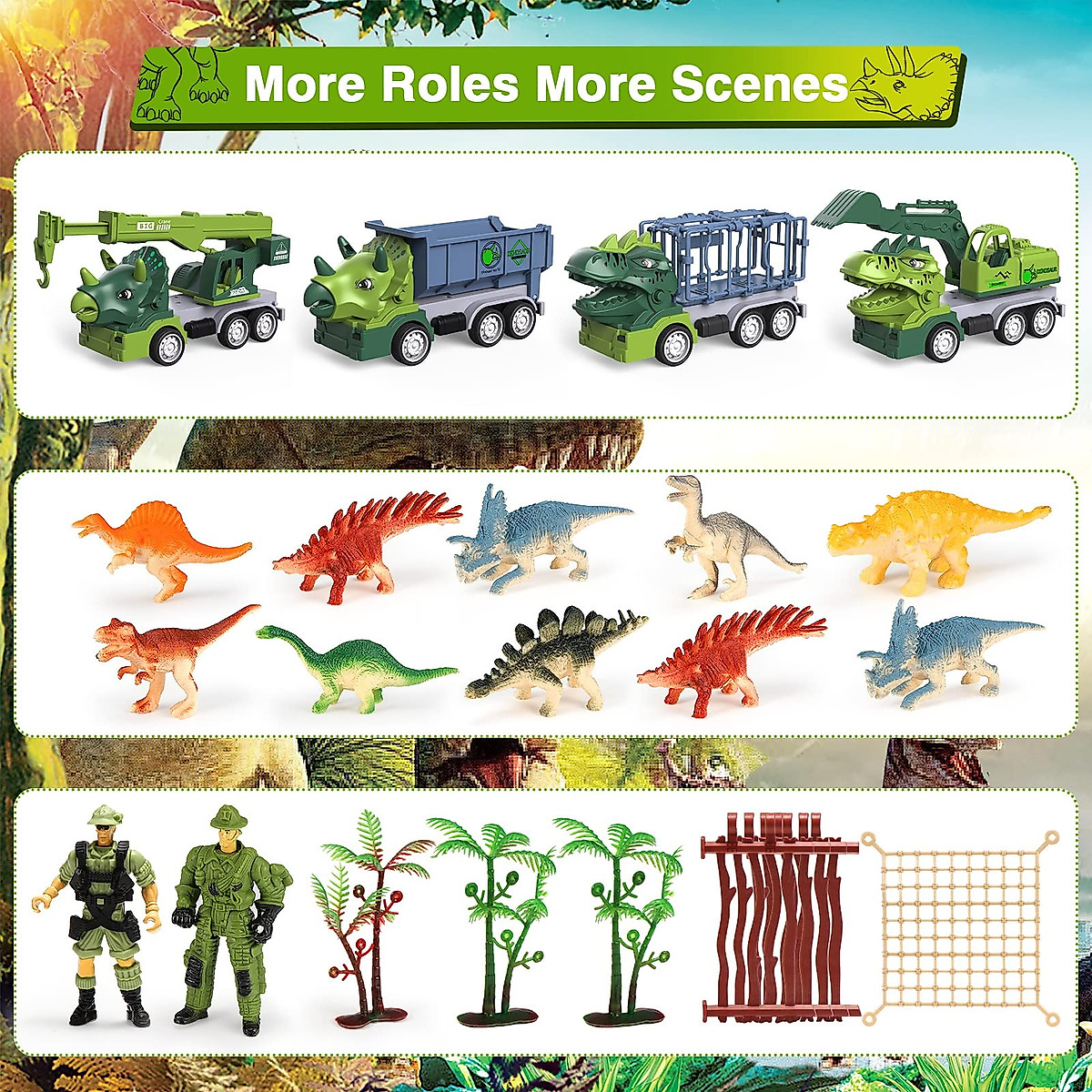 Yoocaa Dinosaur Toys for Kids | Dinosaur Monster Truck with Roaring Sounds | Construction Vehicles Toys Cars Playset with Playmat | Educational Toys Gifts for Boys Toddler 3,4,5,6 Years Old (24 Pcs)