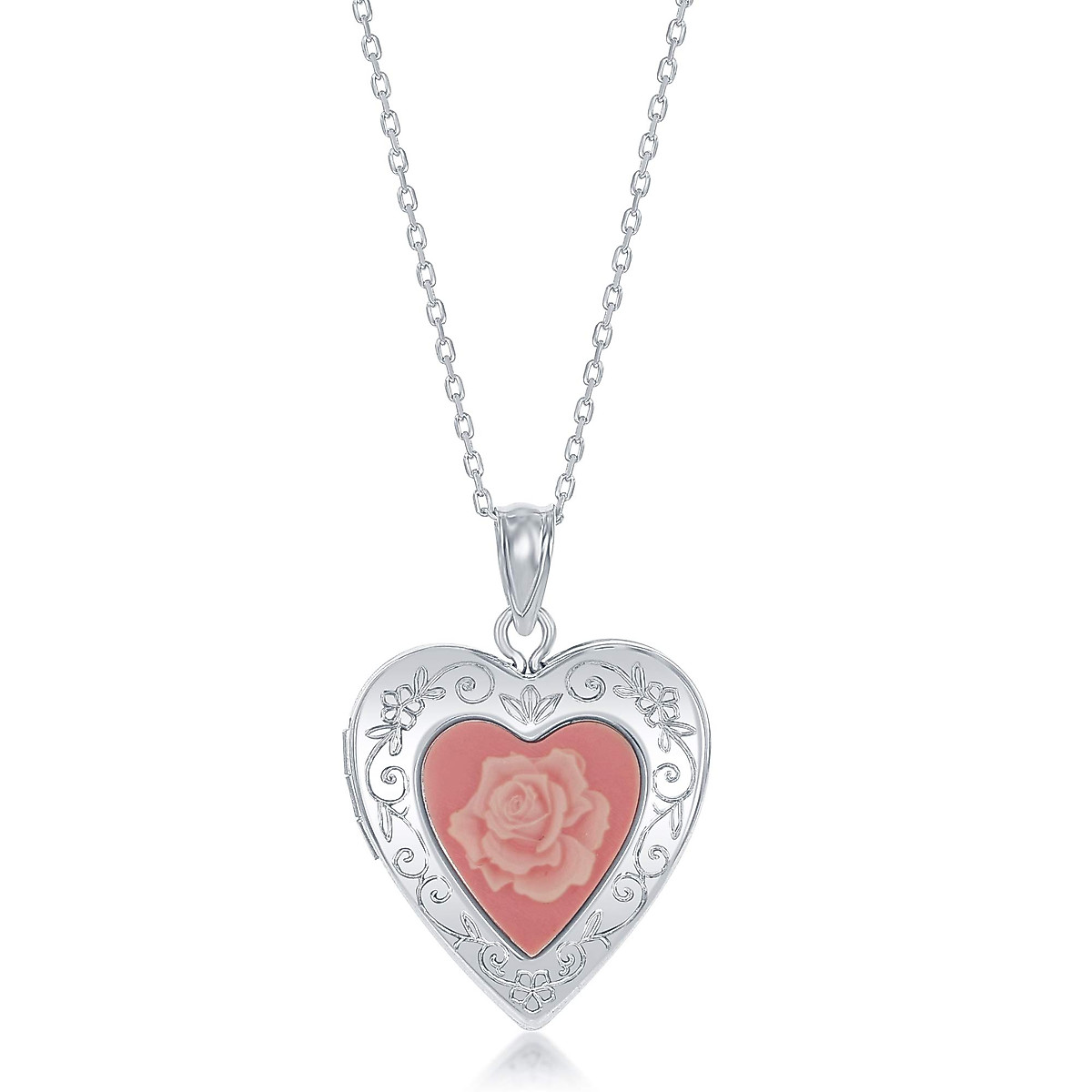 Beaux Bijoux Sterling Silver Rose Pink Cameo Designed Heart Locket Necklace
