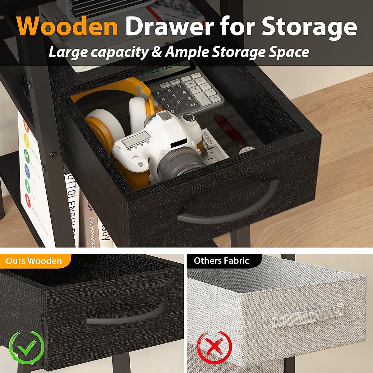 YAOHUOO 47 Inch Computer Desk with 2 Wooden Drawers/Power Outlet/USB Charging Port, Home Office Desks with Storage Shelves for Bedroom,Modern Writing Desk,Work Desk,Study Table(Black)