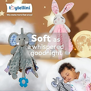 Soothe&Sense Baby Security Blanket with Teether, Rattle, Crinkle Fabrics & Taggies, Soft Sensory Lovey Newborn Essentials Snuggle Stuffed Animal (Grey Elephant)