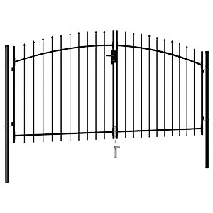 loibinfen Double Door Fence Gate with Spike Top, Garden Fence Gate Double Door Metal Steel Outdoor Fencing for Yard Driveway, Steel 9.8'x4.9' Black