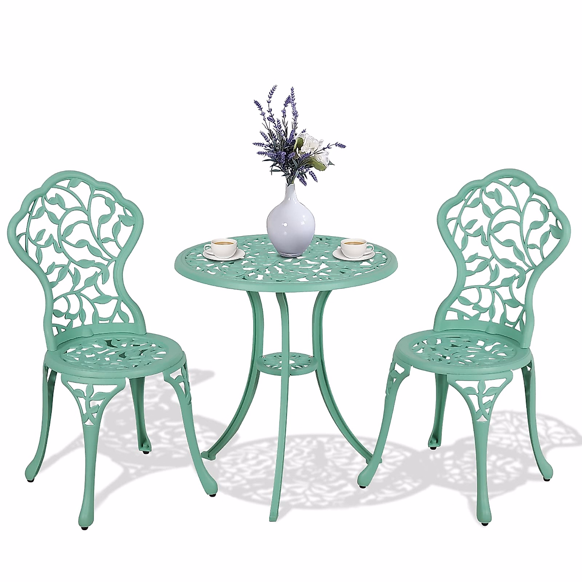 Verano Garden 3 Piece Outdoor Bistro Set, Rust-Resistant Cast Aluminum Patio Bistro Set Antique Finish, Weather Resistant Patio Table and Chairs, Outdoor/Indoor Use, Teal