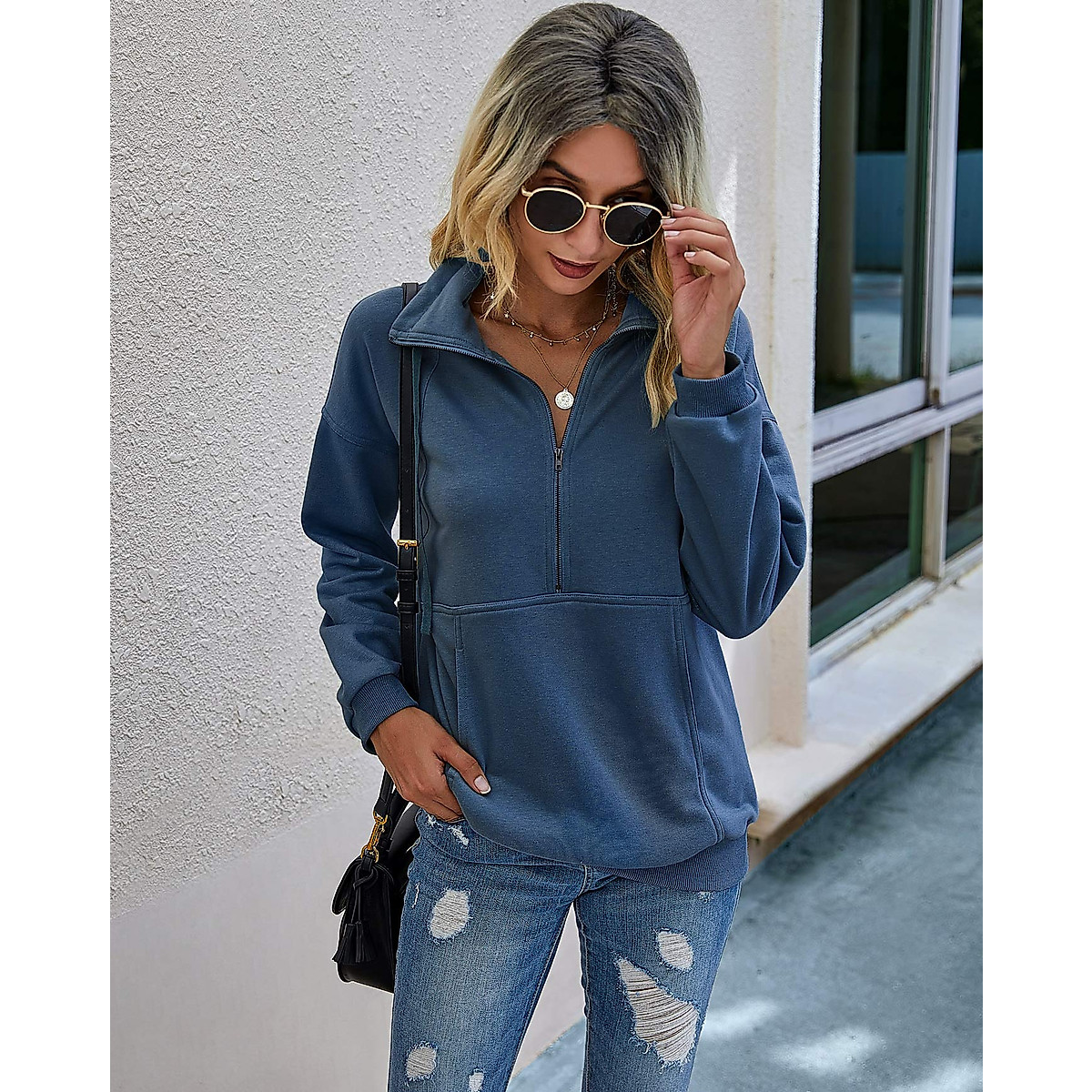 PRETTYGARDEN Women’s Casual Long Sleeve Lapel Zipper Sweatshirt Drawstring Loose Pullover Tops Dark Blue