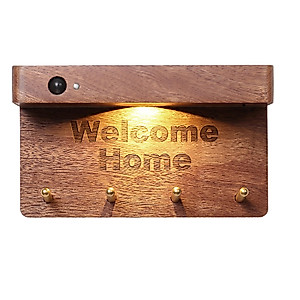 Wooden Key Holder with Motion Sensor light, Wall-Mounted Light Key Holder, Decorative Key Hanging Rack with 4 Hooks – Easy Install Wall Key Holder Light Shelf for Home Entryway Decor (Dark Brown)