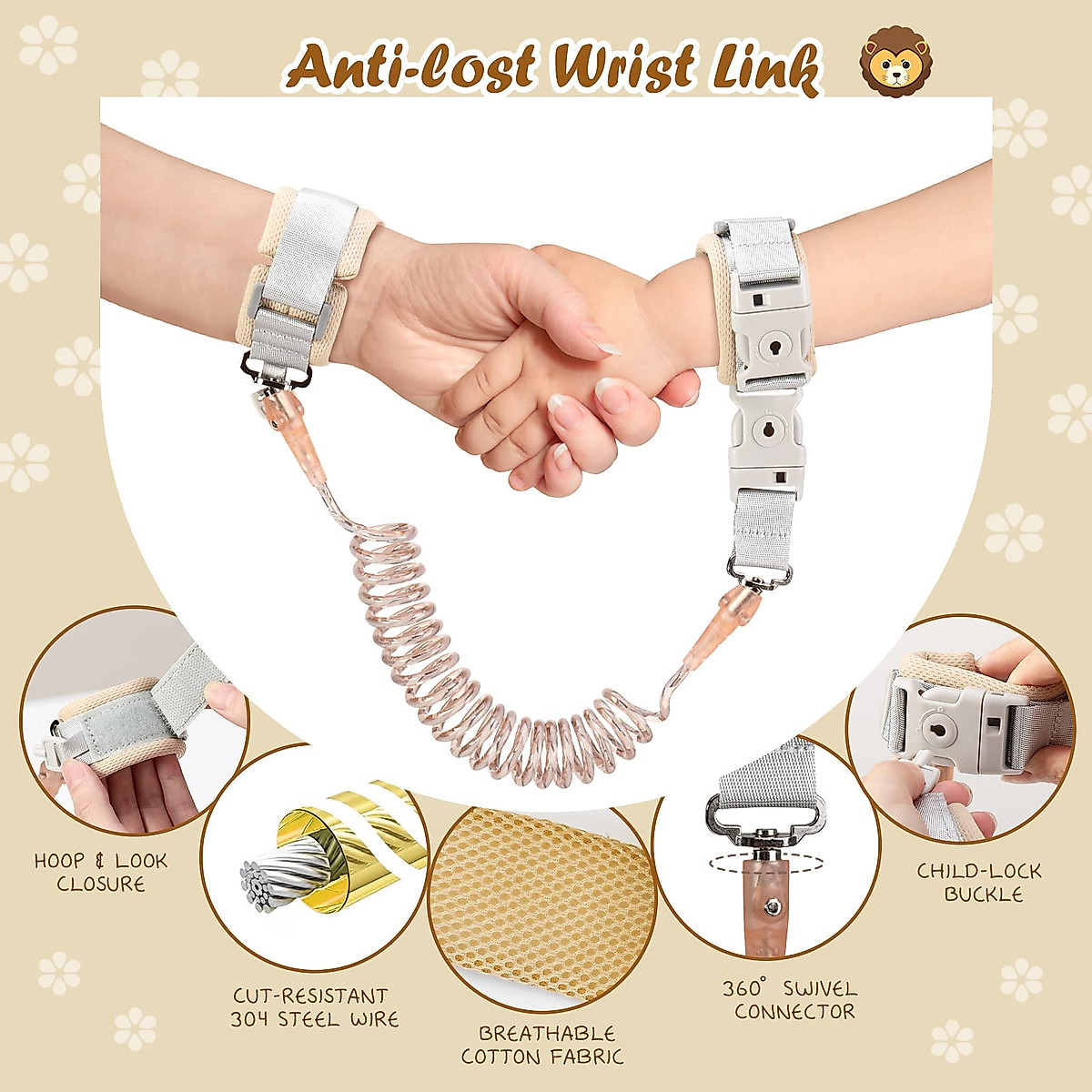 Zooawa Toddler Harness Backpack with Leash, 2 in 1 Cute Lion Kid Backpack with Anti Lost Wrist Link, Toddler Backpack Harness with Safety Leash for 1-4 Years Old Baby Boys Girls