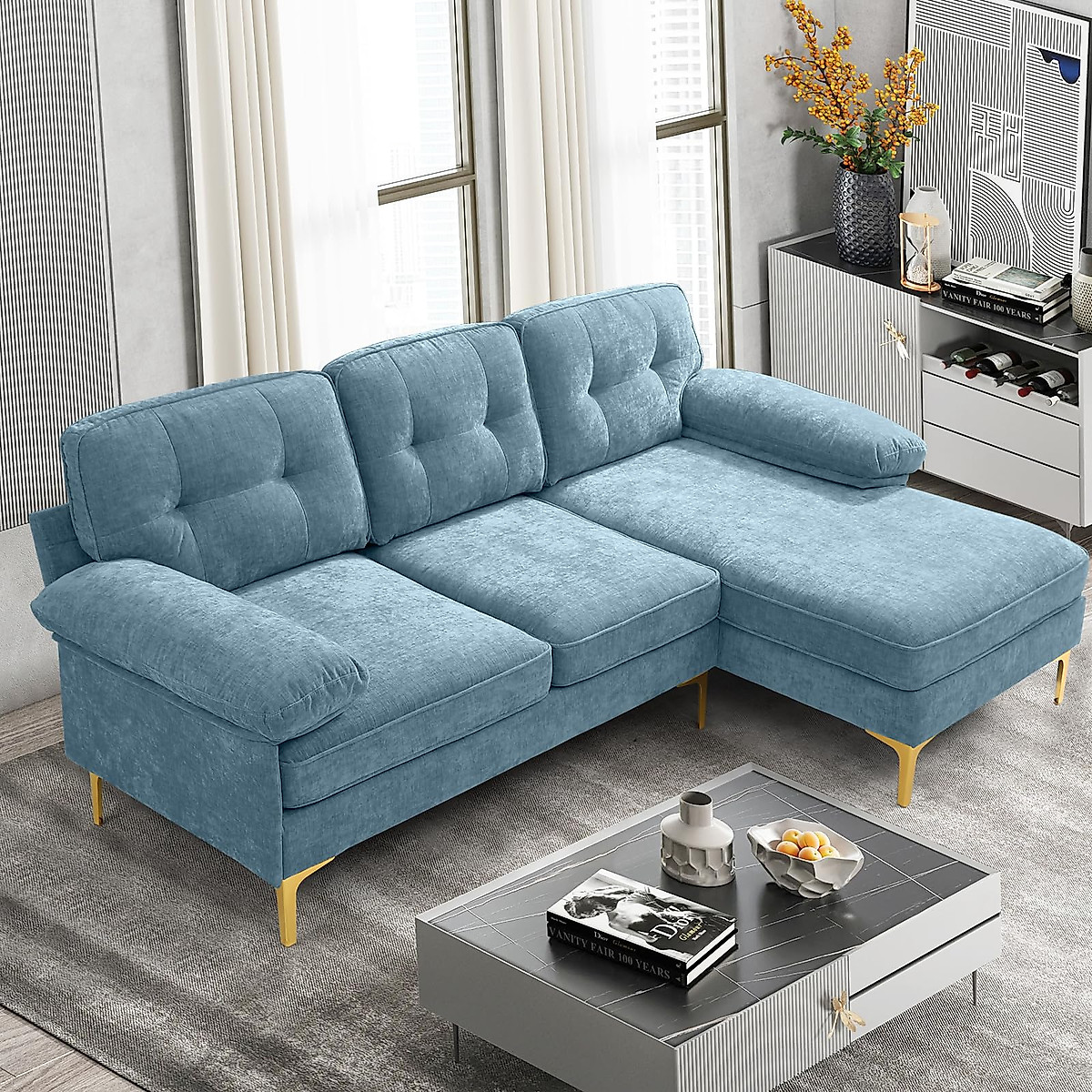KIMOHOME Convertible Sectional Sofa Couch, L-Shape Sofa Couch with Reversible Chaise for Small Space, Mid Century Modern Fabric Couches for Living Room, Light Blue