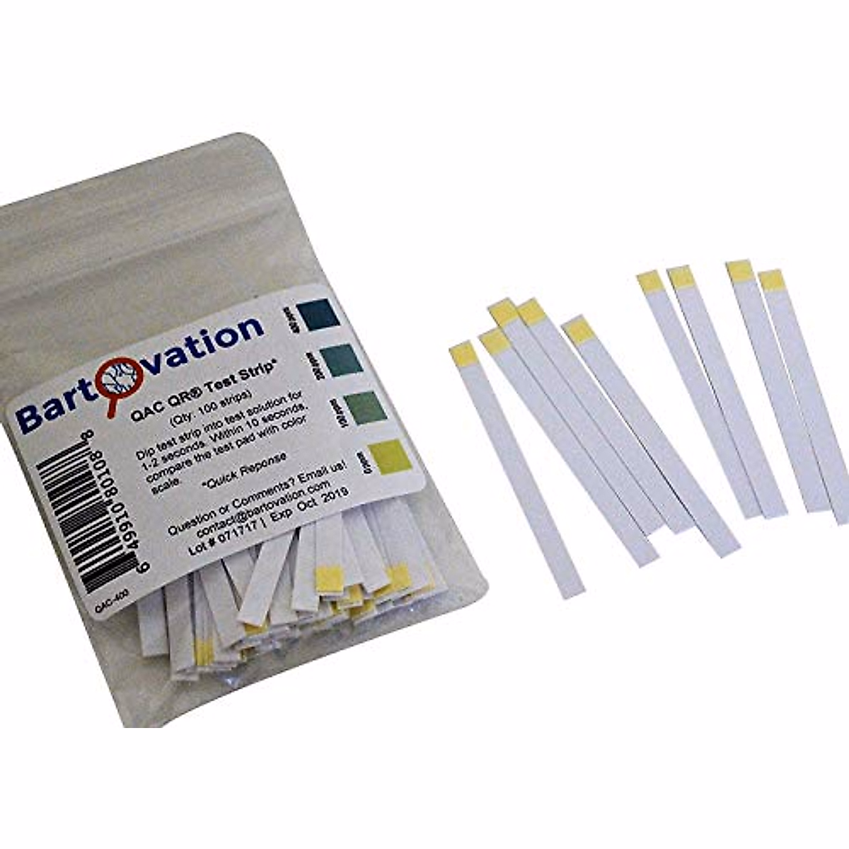 Restaurant Quaternary Ammonium (QAC, Multi Quat) Sanitizer Test Strips, 0-400 ppm [Bag of 100 Plastic Strips]