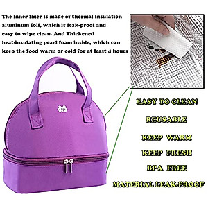 Lovyan Insulated Lunch Bag Double Layer Simple Bento Cooler Bag Waterproof Lunch Handbag for Women Men Adult Picnic Work Hiking Beach (Purple)