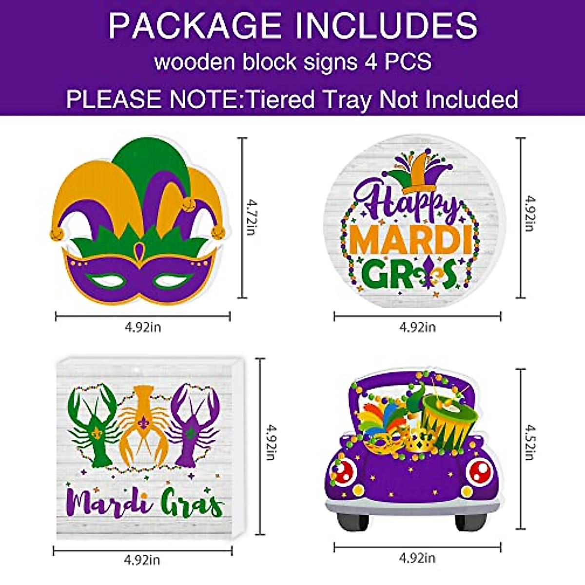 4 PCS Mardi Gras Tiered Tray Decor (Tray Not Included) - Mardi Gras Wooden Sign Decorations Crown Mask Truck Wood Table Signs New Orleans Carnival Holiday Masquerade Party Decor for Home Kitchen