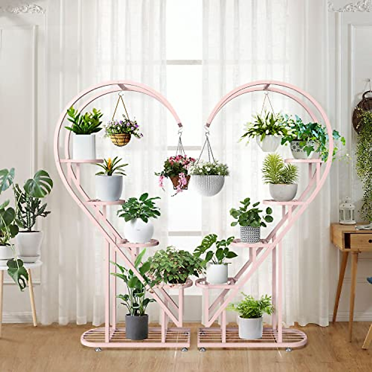 coutinfly Heart Shaped Plant Stands Outdoor, Pink Large Metal Plant Stand Indoor with Rack, 10 Tiered Tall Flower Stand Plant Shelves for Patio Lawn Garden Balcony Corner Plant Display(2 Pack)