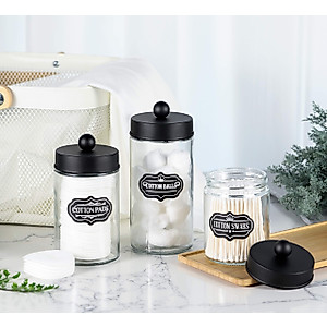 Apothecary Jars 3 Pack - Glass Bathroom Containers with Stainless Steel Lids - Rustic Farmhouse Decor Bathroom Accessories, Vanity Organizer Apothecary Jars for Qtip/Cotton Balls (Matte Black)