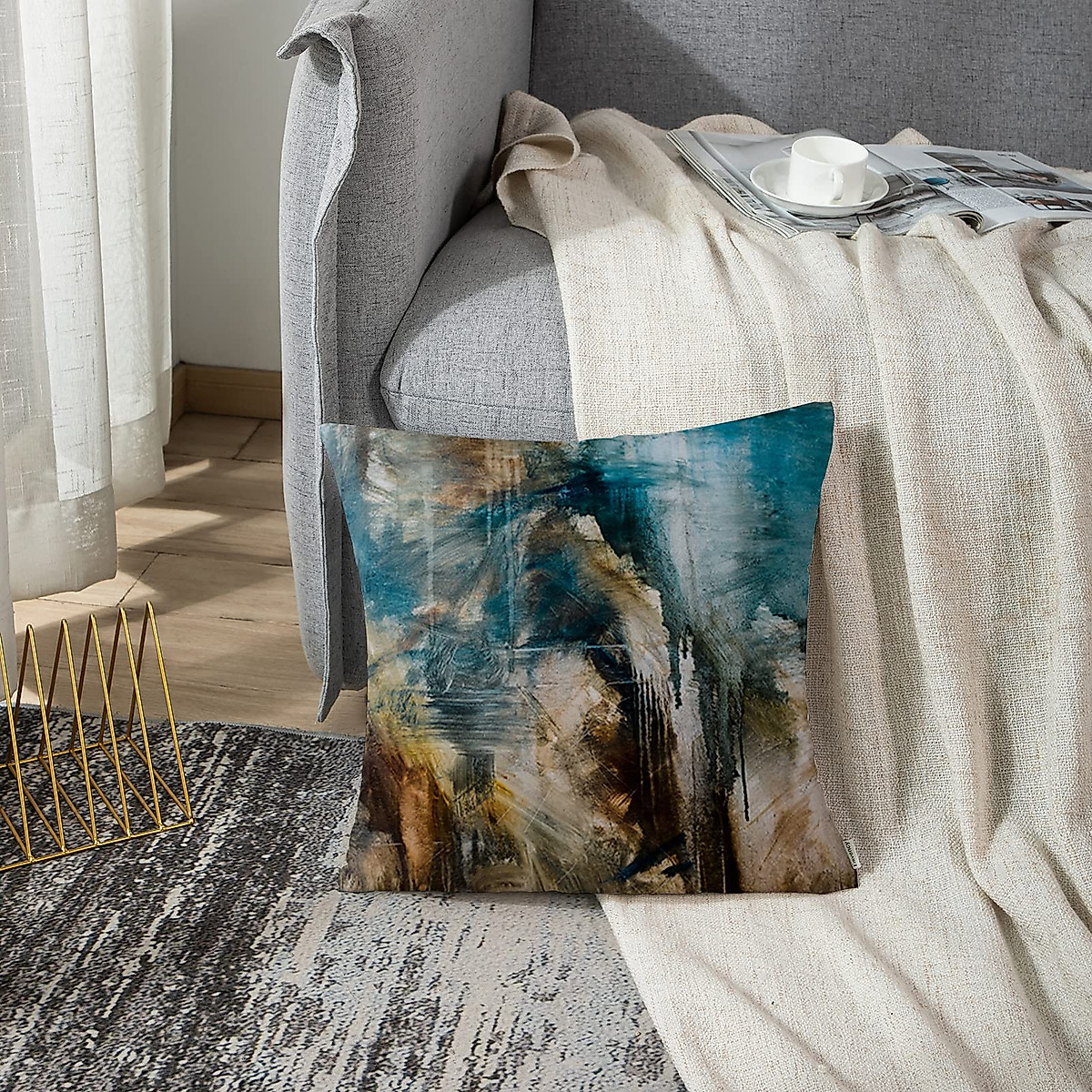 Emvency Set of 2 Throw Pillow Covers Modern Abstract Messy Turquoise Black and Brown Retro Painting Decorative Pillow Cases Home Decor Standard Square 18x18 Inches Pillowcases